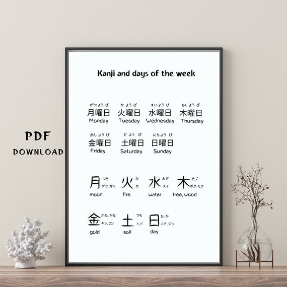 Educational Days of the Week Kanji Calligraphy Poster | Etsy