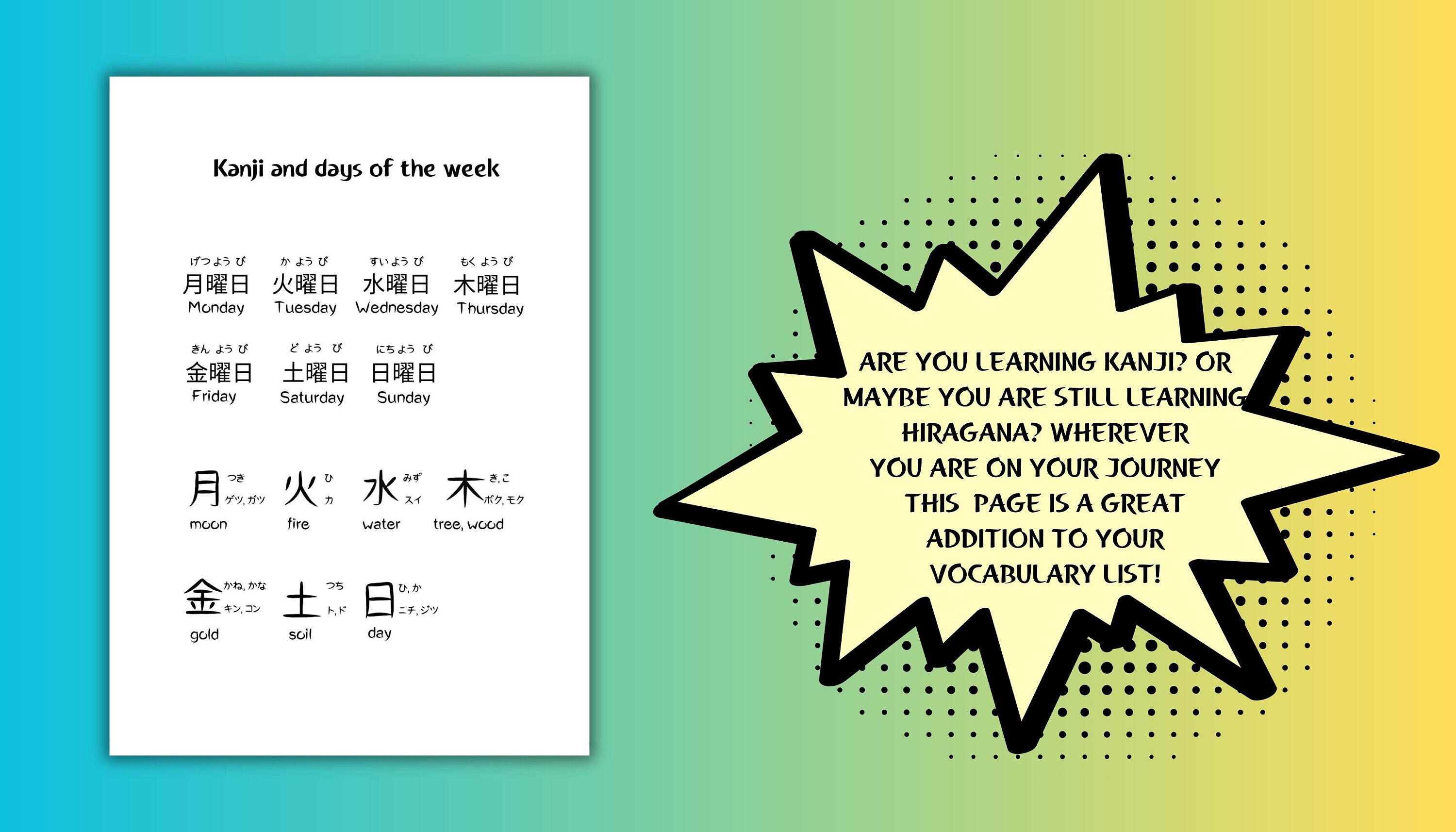 Educational Days of the Week Kanji Calligraphy Poster, Japanese ...