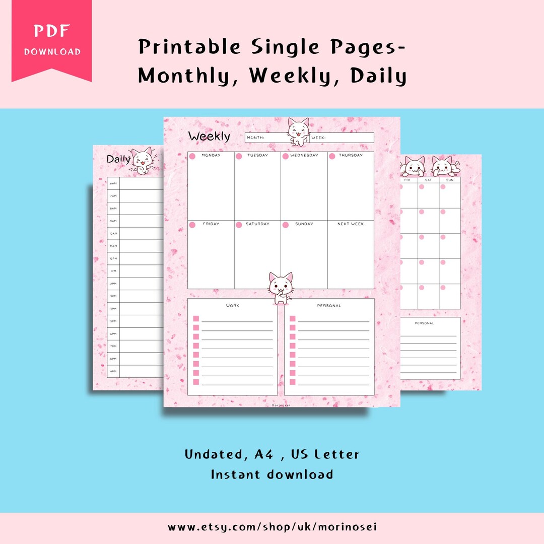Printable Single Pages Calendar Daily Weekly Monthly Planner - Etsy