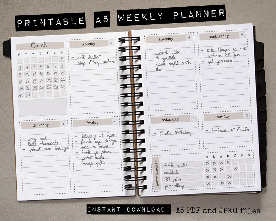 A5 Printable Planner / Weekly Diary Insert / Habit Tracker / A5 / PDF ...