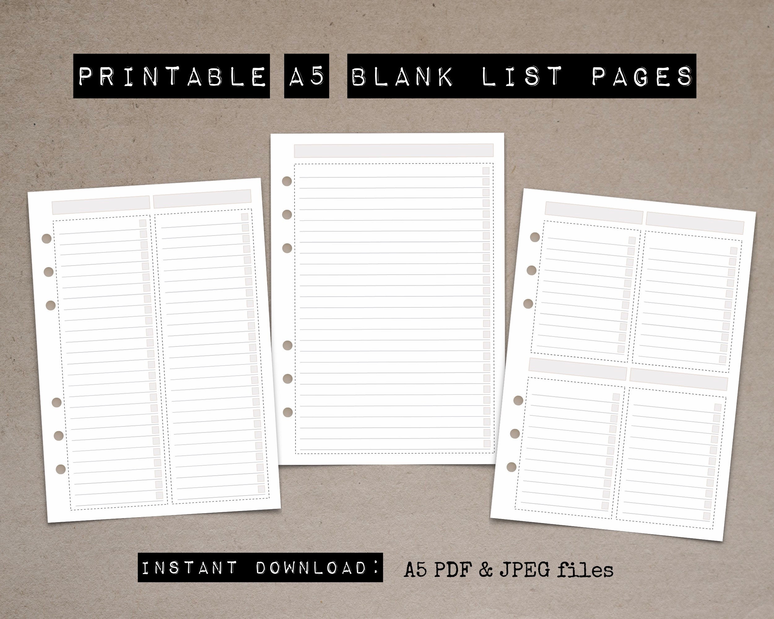 A5 Printable List Pages | Blank List Bundle | Printable List Sets ...