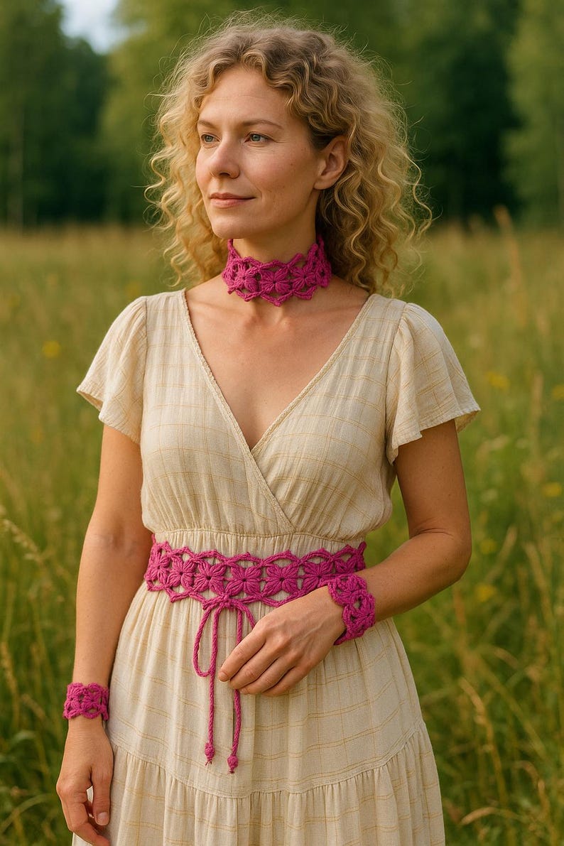 Raspberry Viive Crochet Set – Handmade Cotton Belt, Choker & Bracelet ...