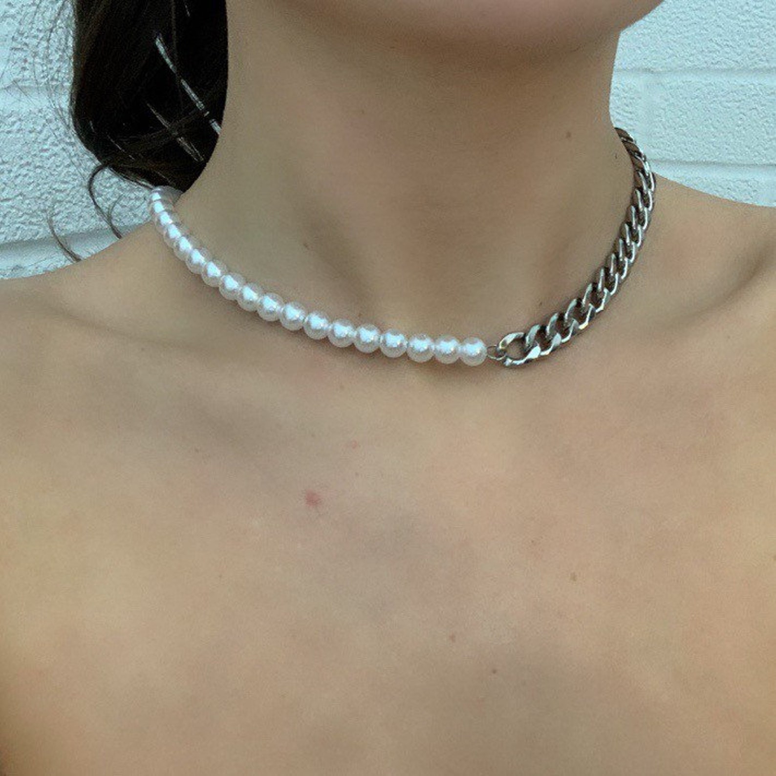 Collier demi-perle à moitié chaîne cubaine | Etsy