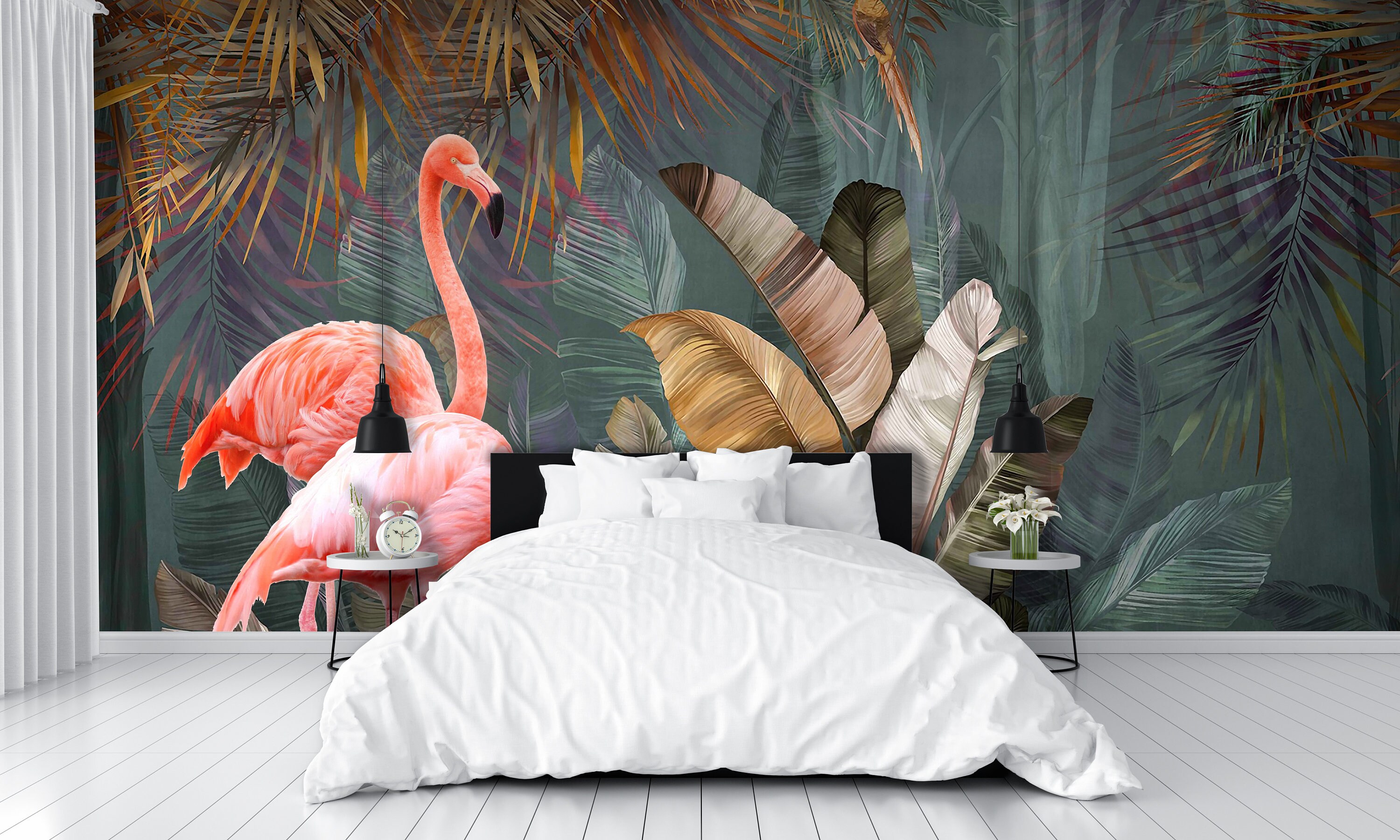 Flowers Illustration Flamingos Wall Mural 1645246957 - Etsy UK