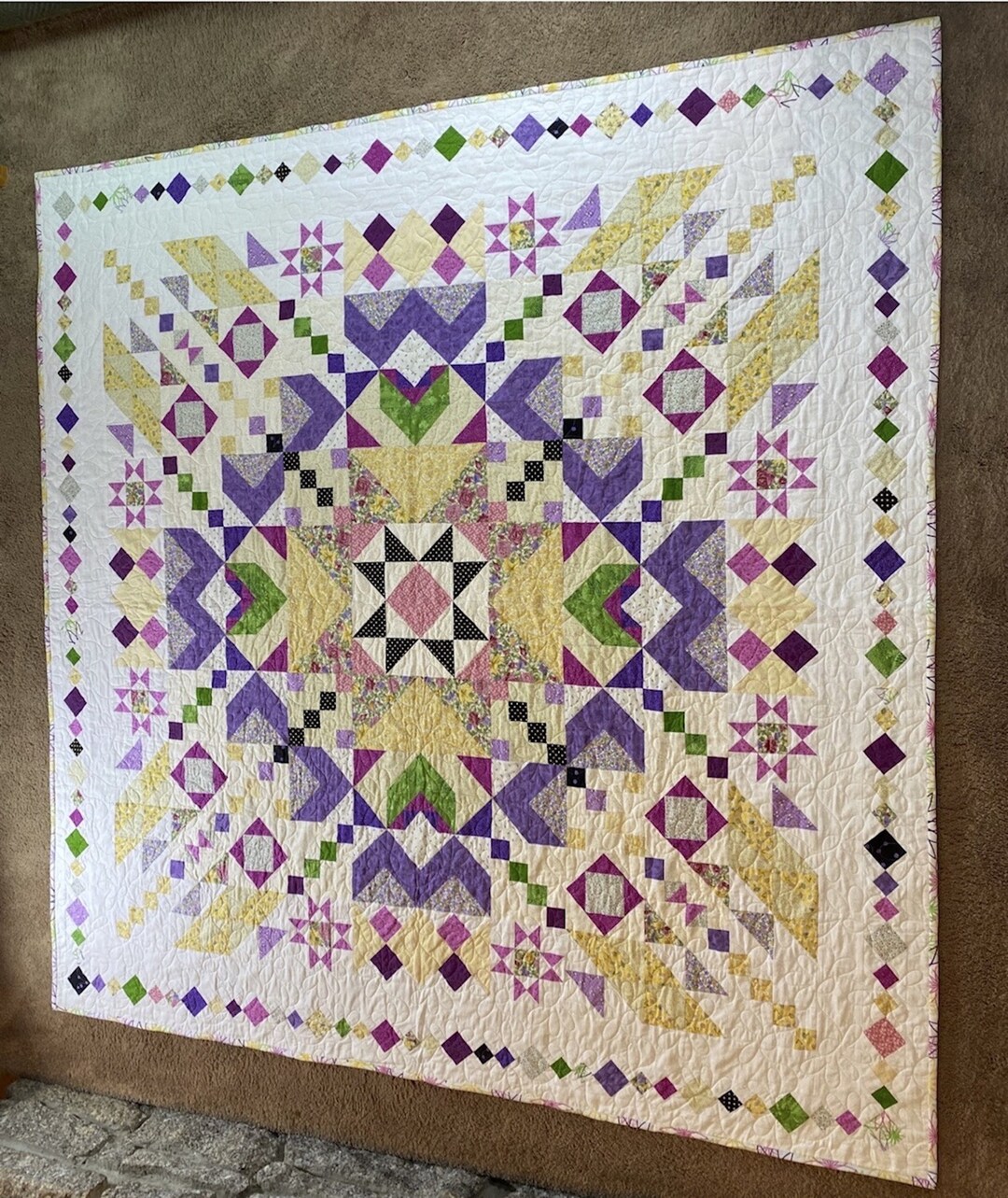 Handmade Quilt Reflections 75 X 75 Bright Pink Green Purple Black ...