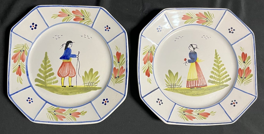 Set of 2 Quimper Pottery Mistral Blue Oct 10" Dinner Plates Man and ...