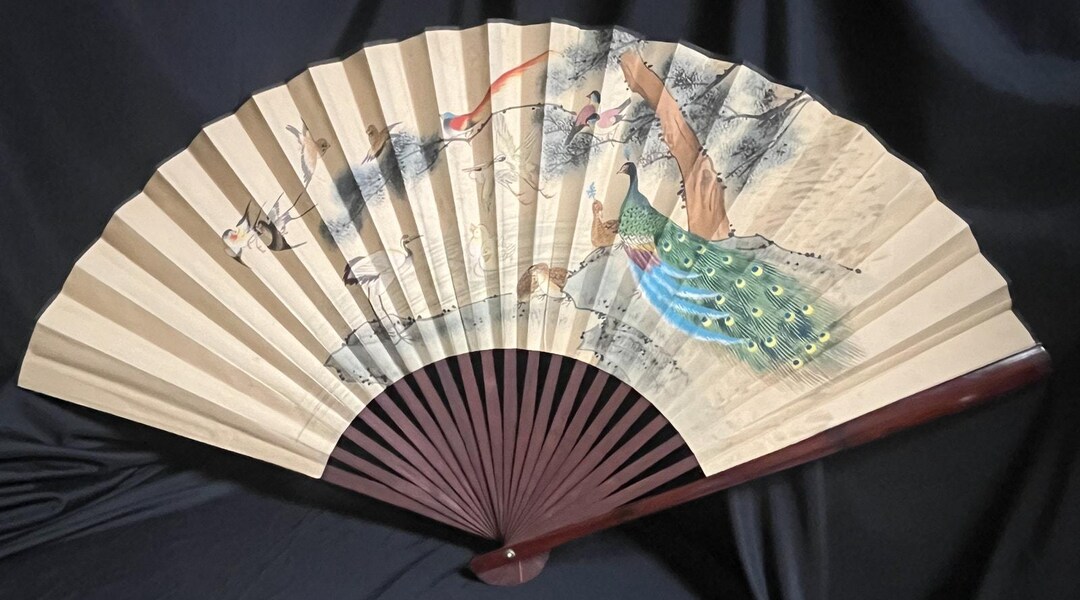 Vintage Large 1960's Japanese Handpainted Fan Wall Decor in Good ...