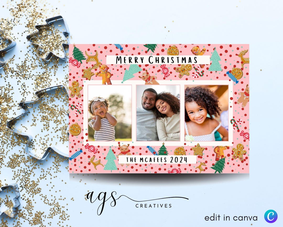 Gingerbread Christmas Card, Pink Christmas Card, Editable Christmas ...