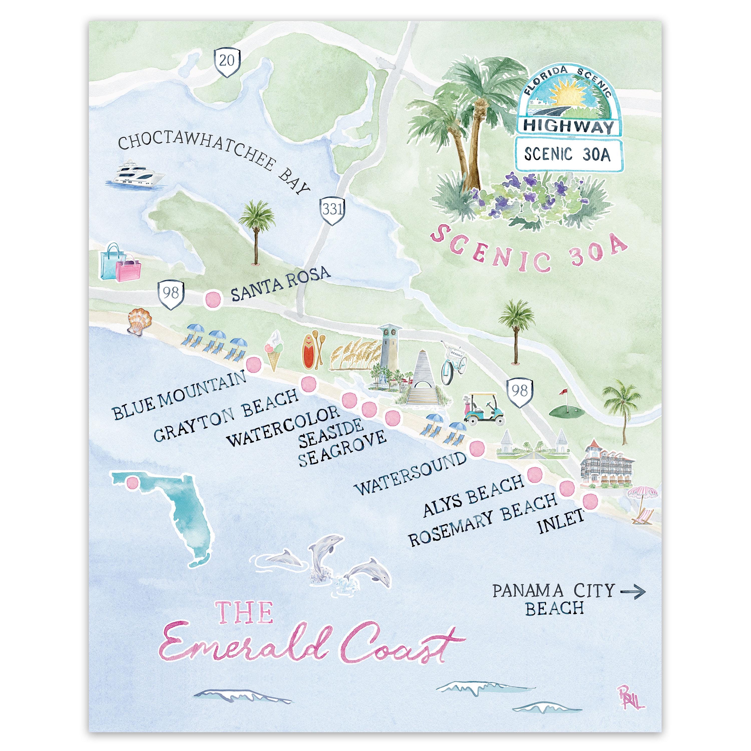 Scenic 30A Vertical Watercolor Map Art Print: Florida Beach House Decor ...