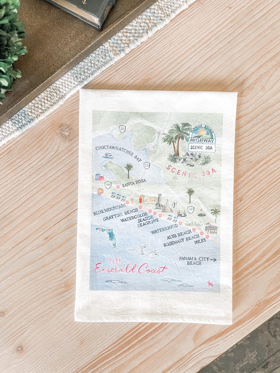 Scenic 30A Map Cotton Tea Towel 27" X 27", Watercolor Art, Florida ...