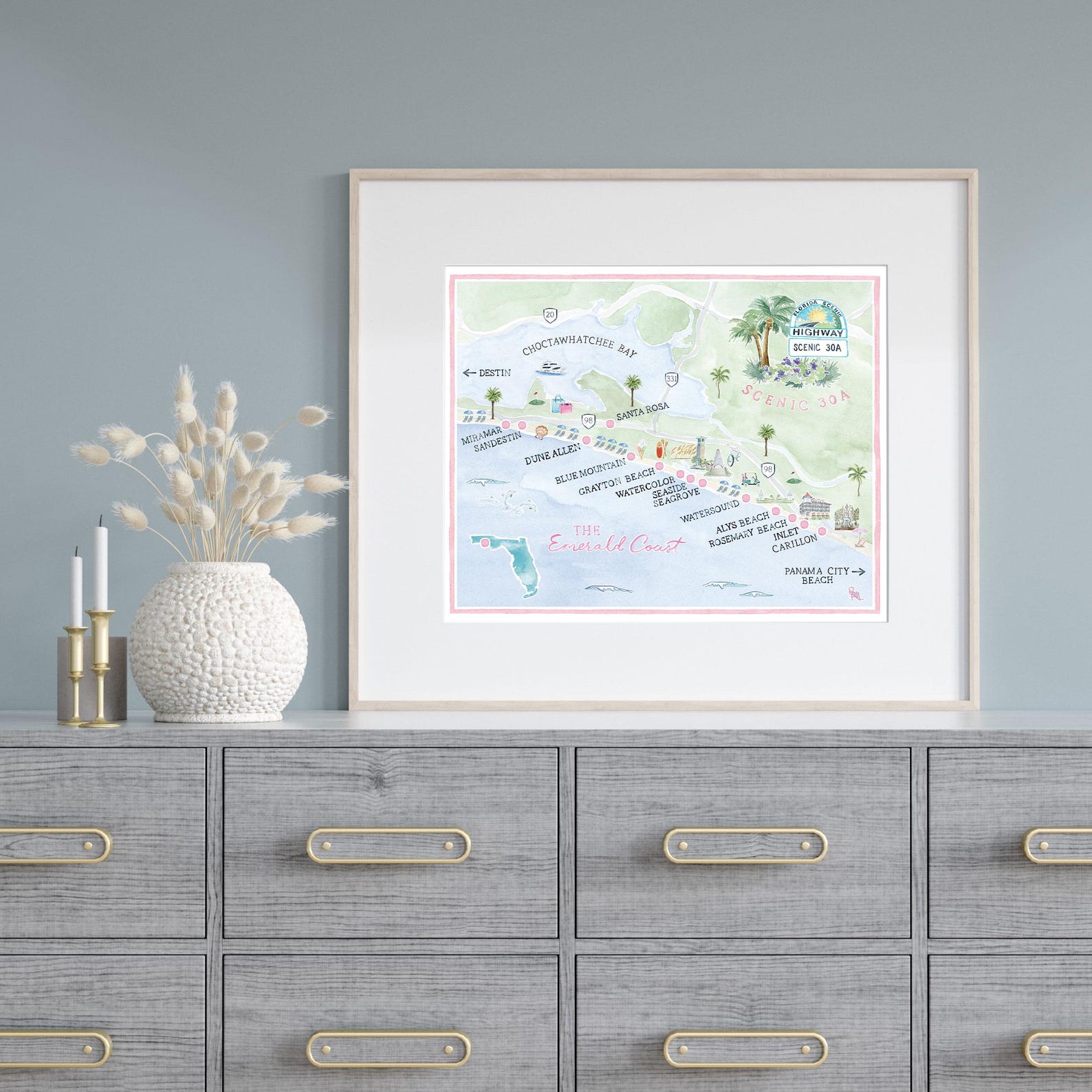 Scenic 30A Watercolor Map Art Print: Florida Beach House Decor - Etsy