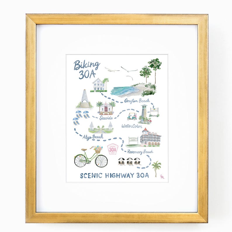 Seaside Florida Art Print: Watercolor Biking 30A, Beach House Decor - Etsy