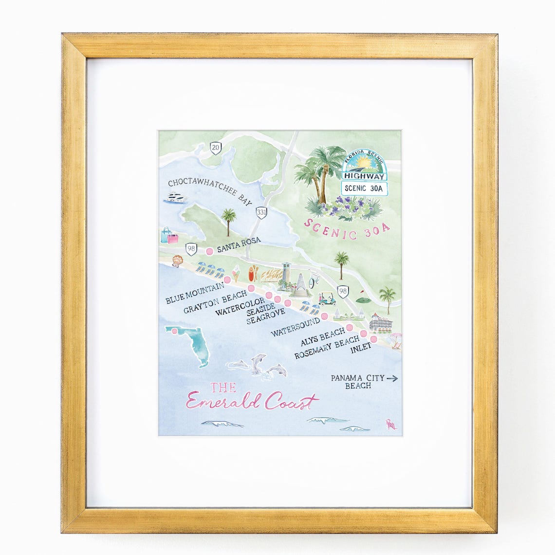 Scenic 30A Vertical Watercolor Map Art Print: Florida Beach House Decor ...
