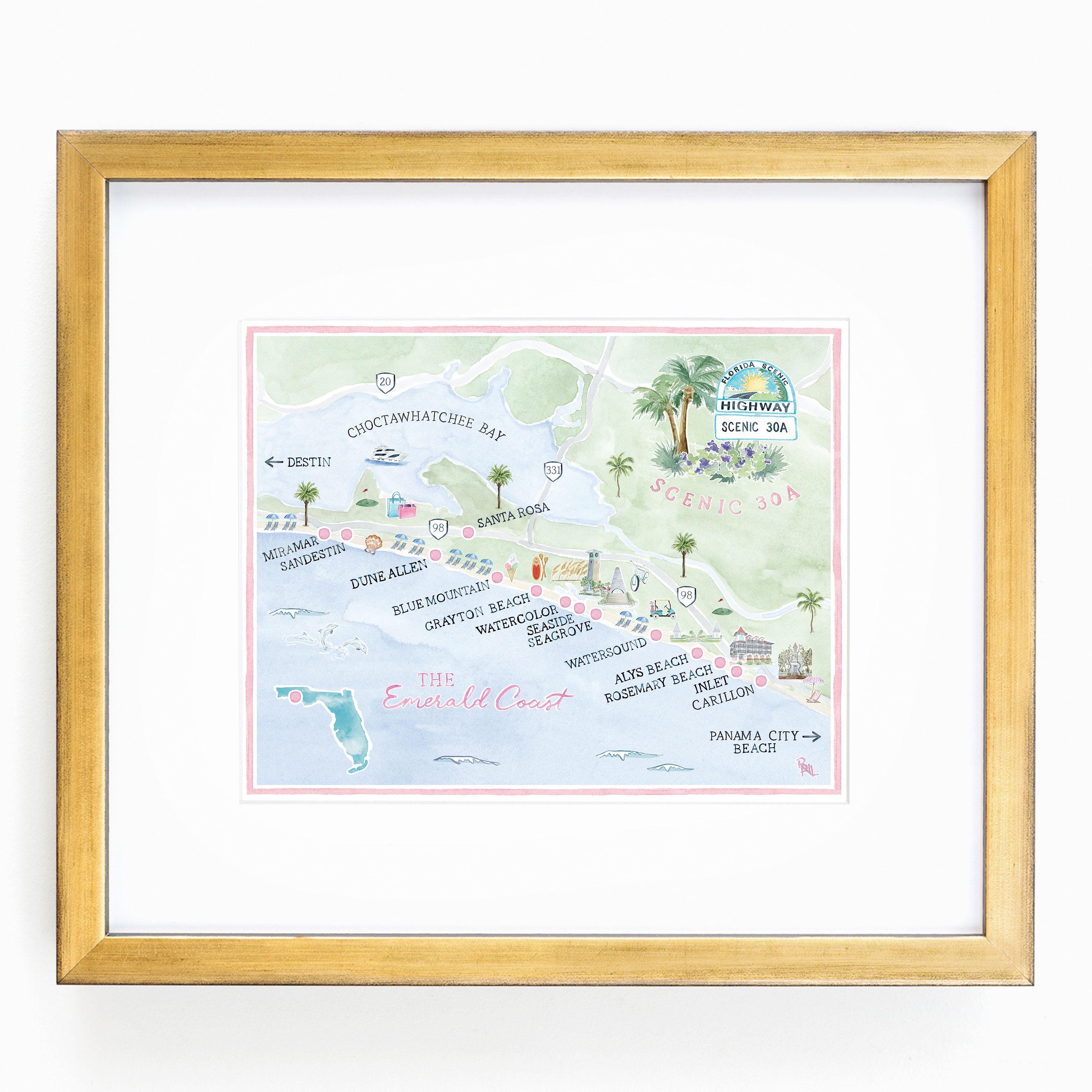 Scenic 30A Watercolor Map Art Print: Florida Beach House Decor - Etsy