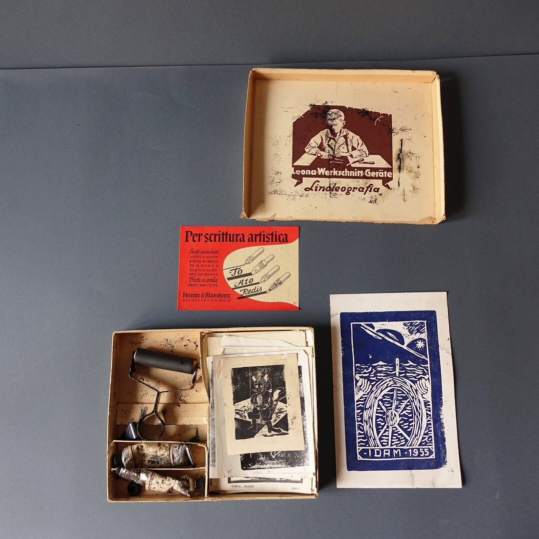 Vintage Linocut Set From 1955 With Soft Ink, Roller and Test Prints ...