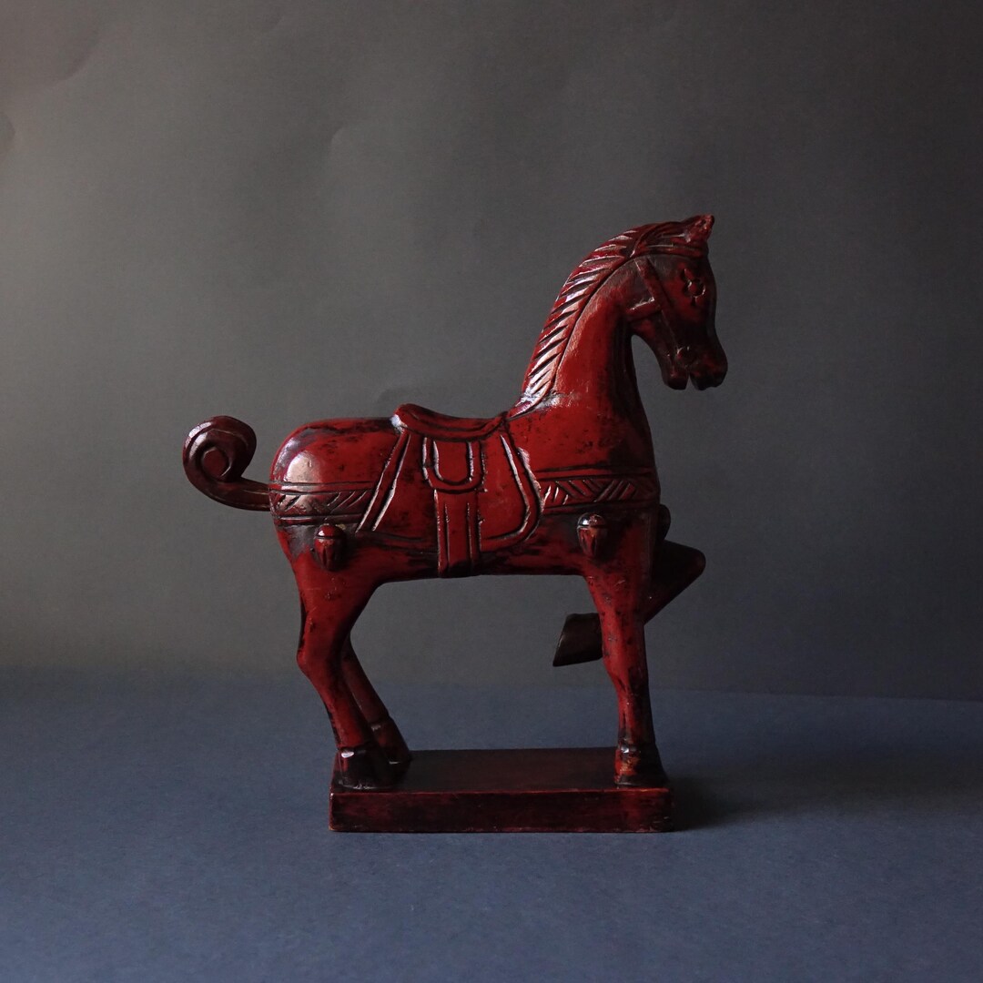 Wooden Horse Sculpture, Tang Style, Hand Painted and Lacquered in Red ...