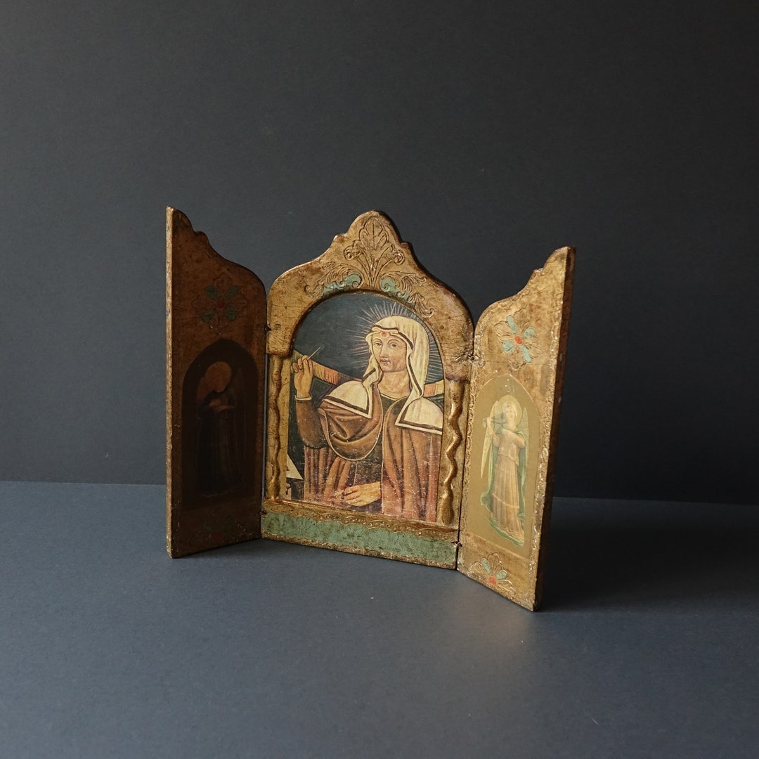 Vintage Tuscan Renaissance-style Table Triptych, Featuring the Sacred ...