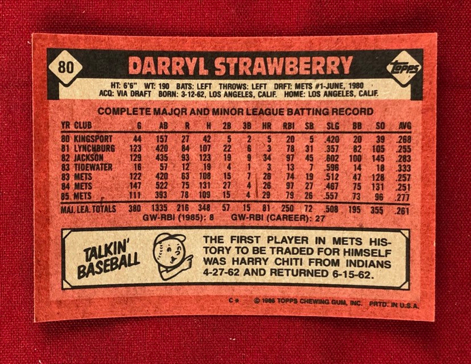 1986 Topps Darryl Strawberry Baseball Card 80 Vintage - Etsy
