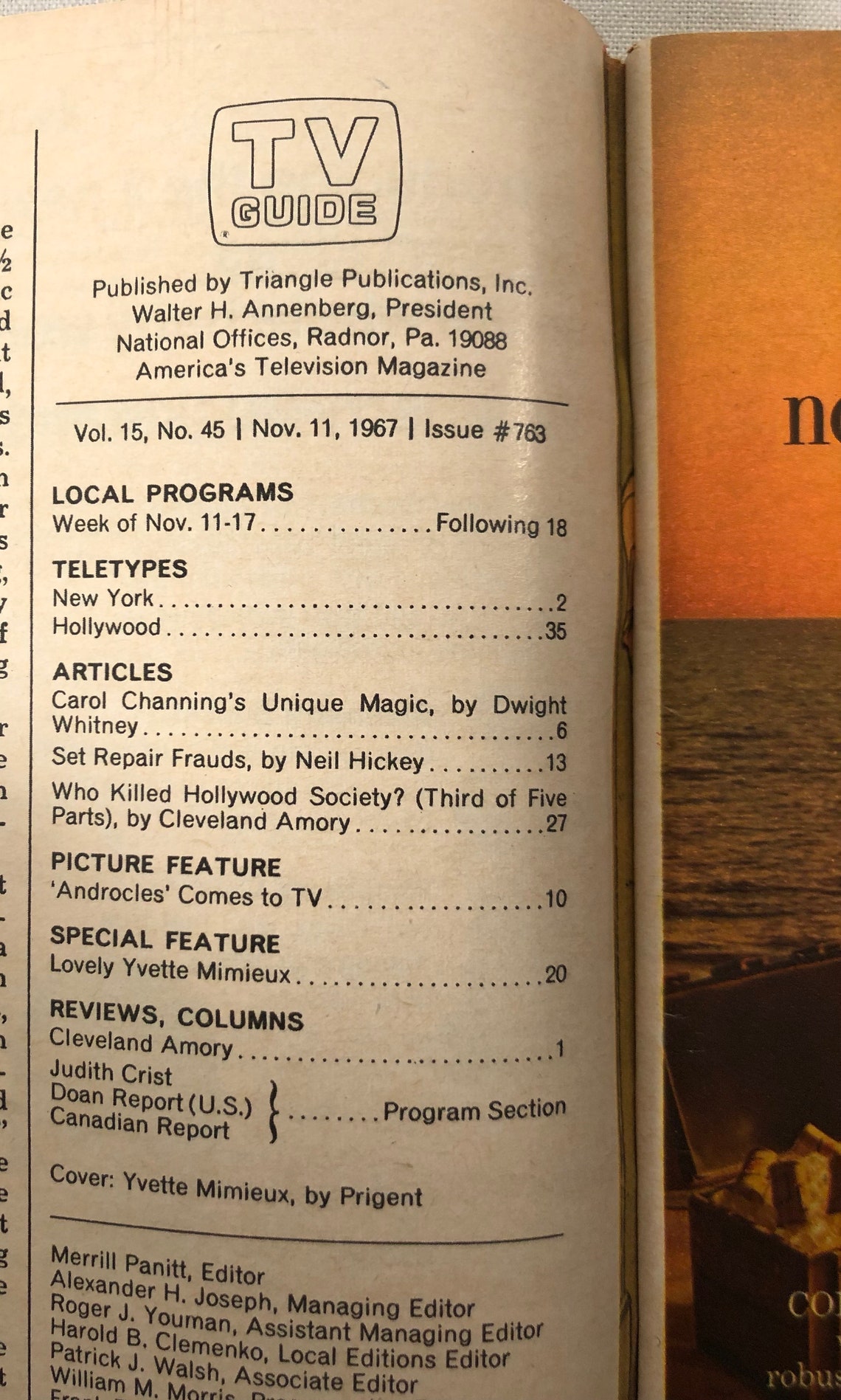 Week of November 11 to 17 1967 TV Guide Yvette Mimieux on Cover Vol 15 ...