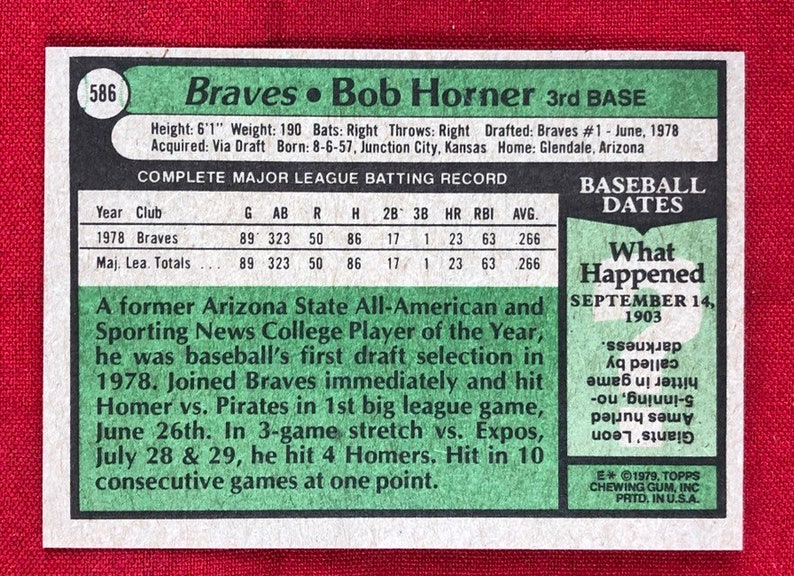 Vintage 1979 Topps Bob Horner Rookie Baseball Card 586 - Etsy