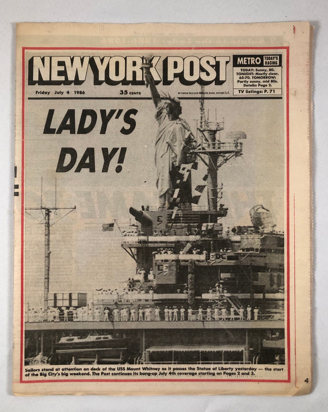July 4 1986 New York Post Newspaper Lady's Day Headline Statue of ...