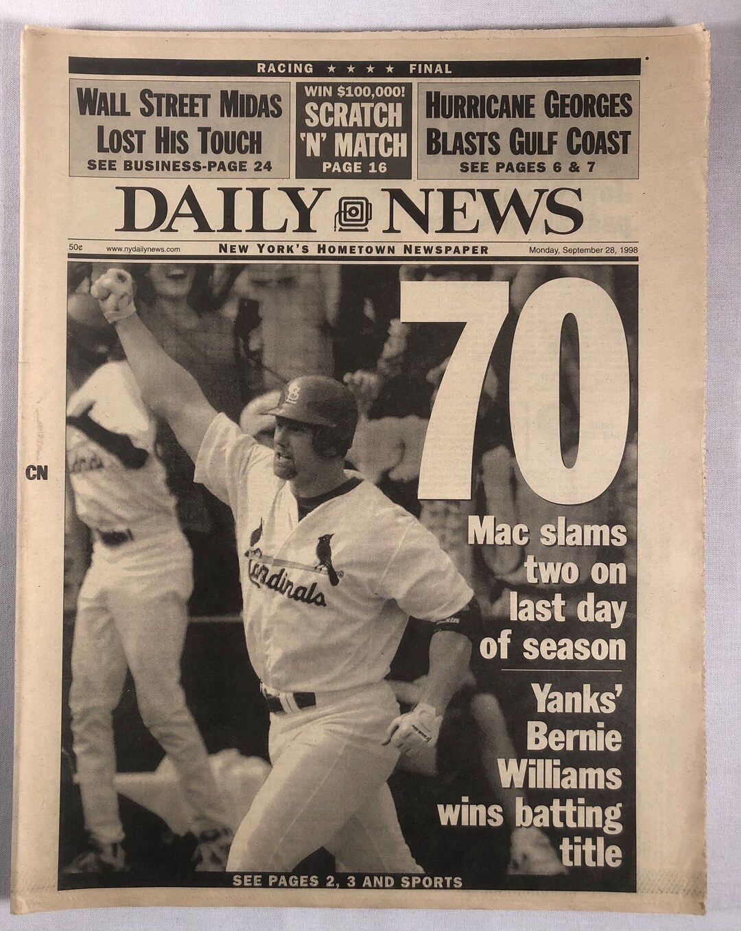 September 28 1998 New York Daily News Newspaper Mark Mcgwire With 70 Homeruns Headlines Vintage ...