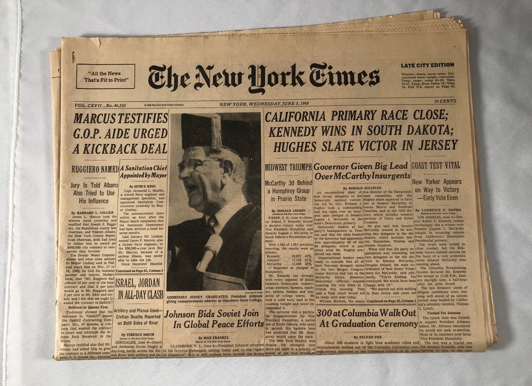 June 5 1968 the New York Times Newspaper Robert Kennedy Wins in South ...