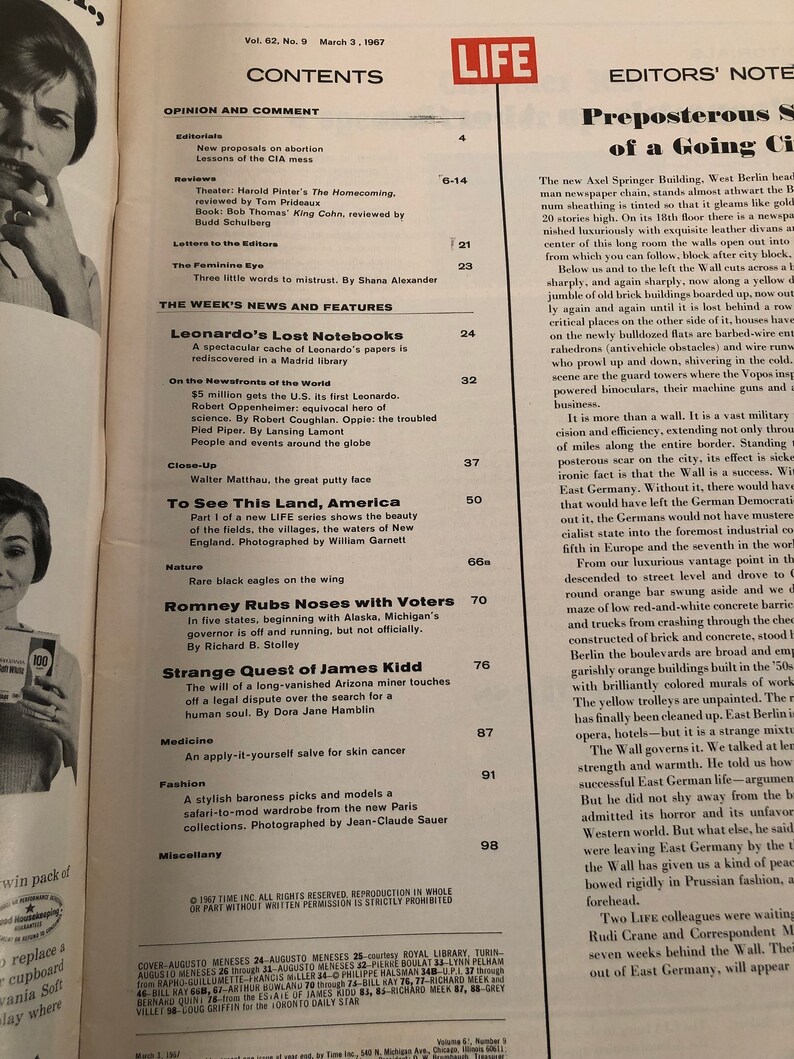 March 3 1967 Life Magazine Lost Notebooks of Leonardo Da Vinci Drawing ...