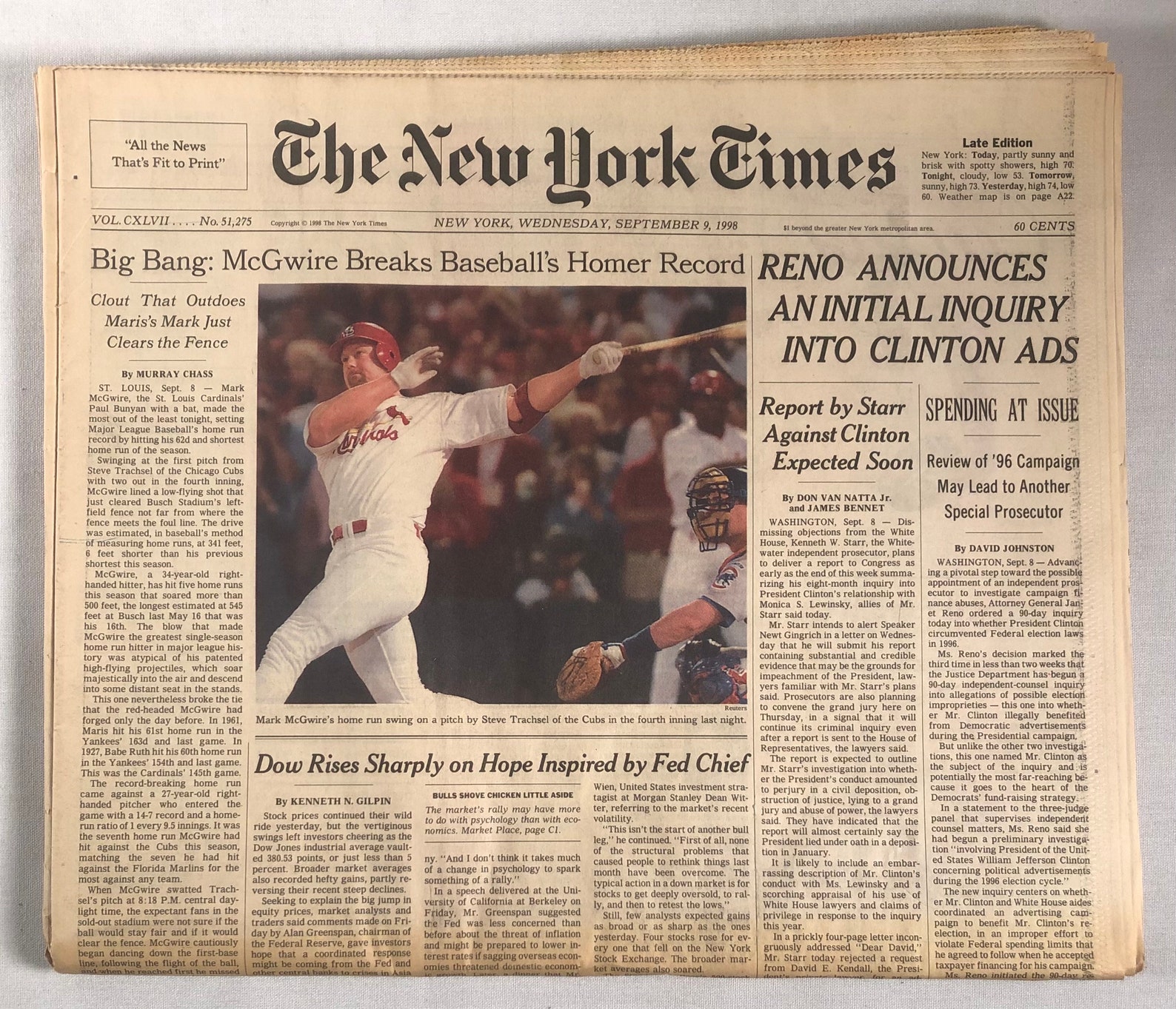 September 9 1998 the New York Times Newspaper Mark Mcgwire Breaks Roger ...