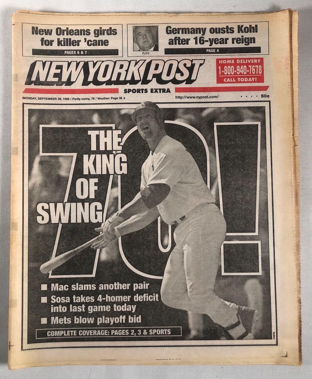 September 28 1998 New York Post Newspaper Mark Mcgwire Hits 70 Homeruns ...