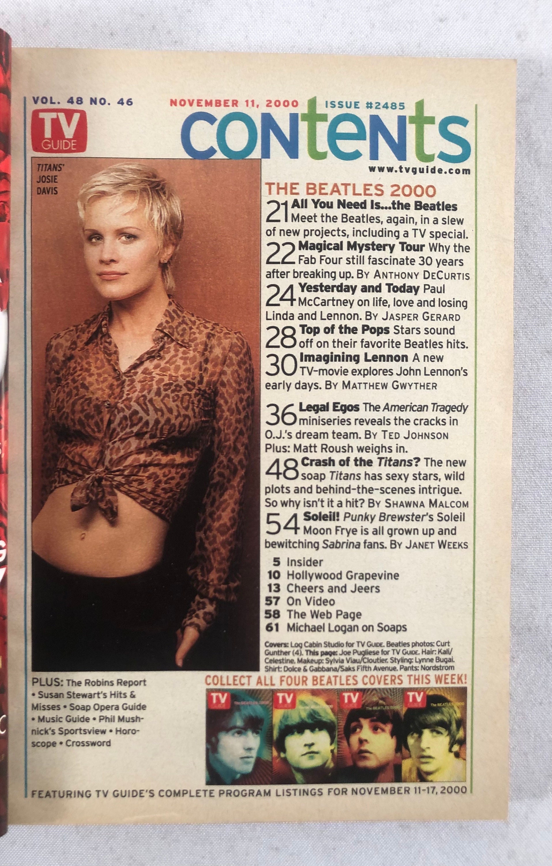 Week of November 11 to 17 2000 TV Guide the Beatles 2000 John Lennon on ...