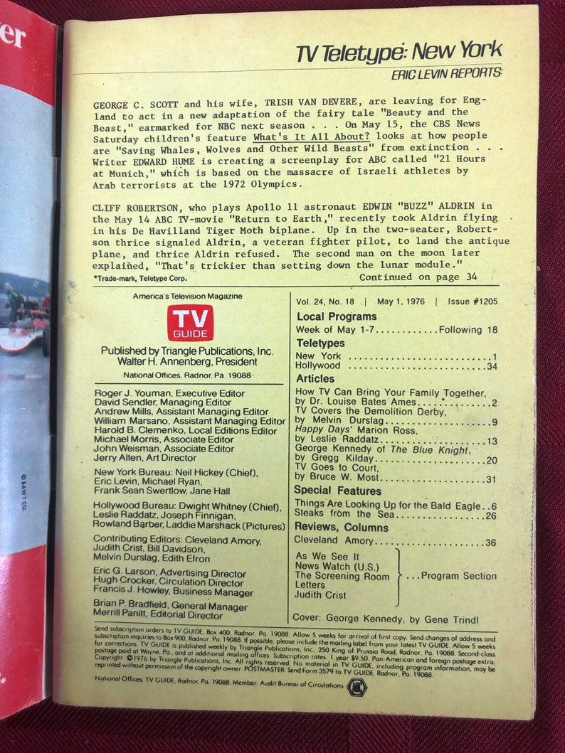 Week of May 1 to 7 1976 TV Guide George Kennedy of the Blue Knight on ...