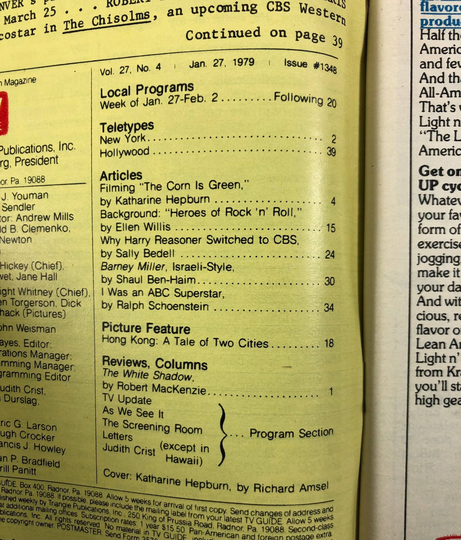 January 27 1979 TV Guide Katharine Hepburn on Cover Vol 27 Number 4 ...