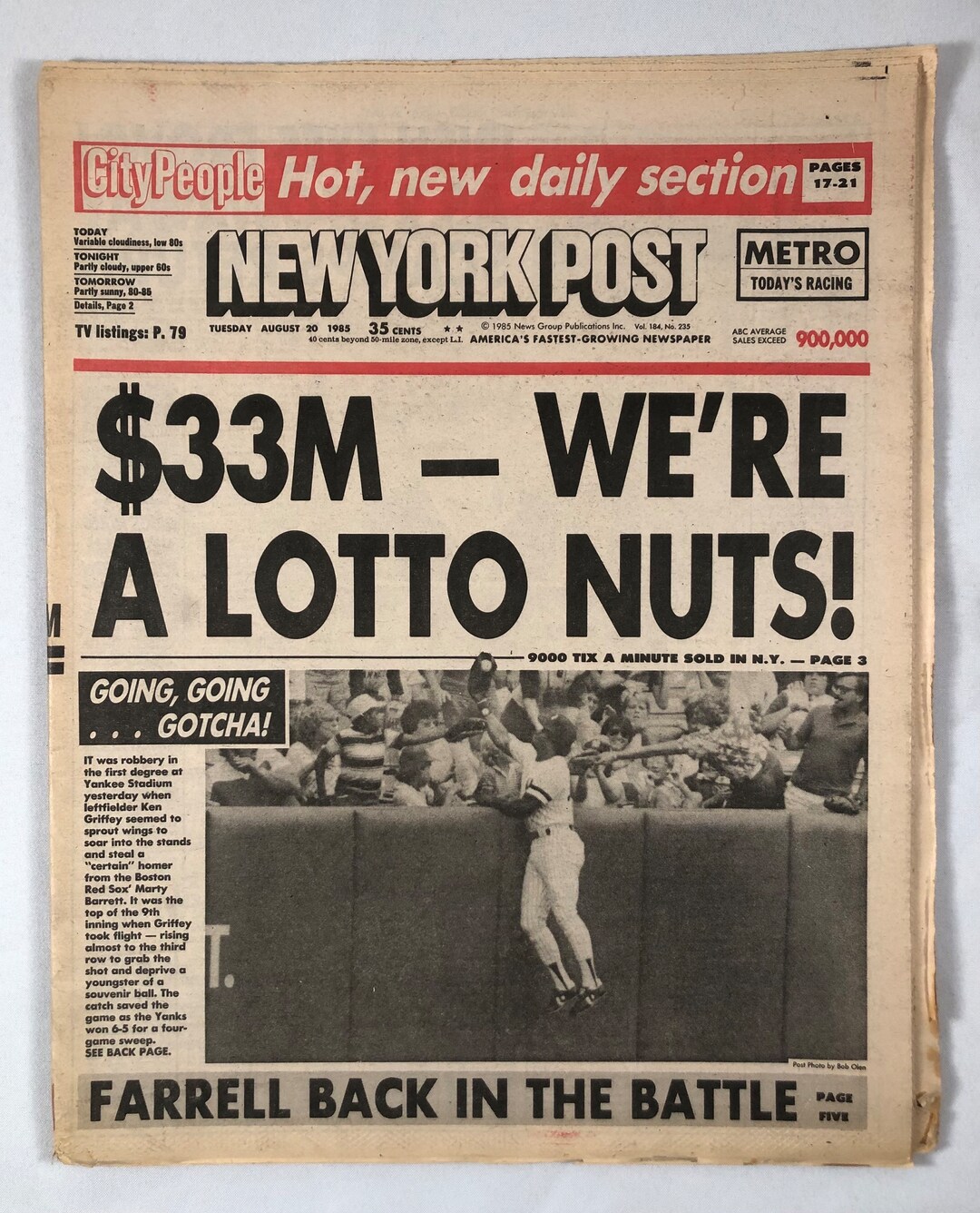 August 30 1985 New York Post Newspaper 33M We're A Lotto Nuts Headline ...