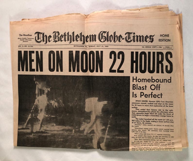 July 21 1969 the Bethlehem Globe Times Newspaper Man on Moon 22 Hours ...