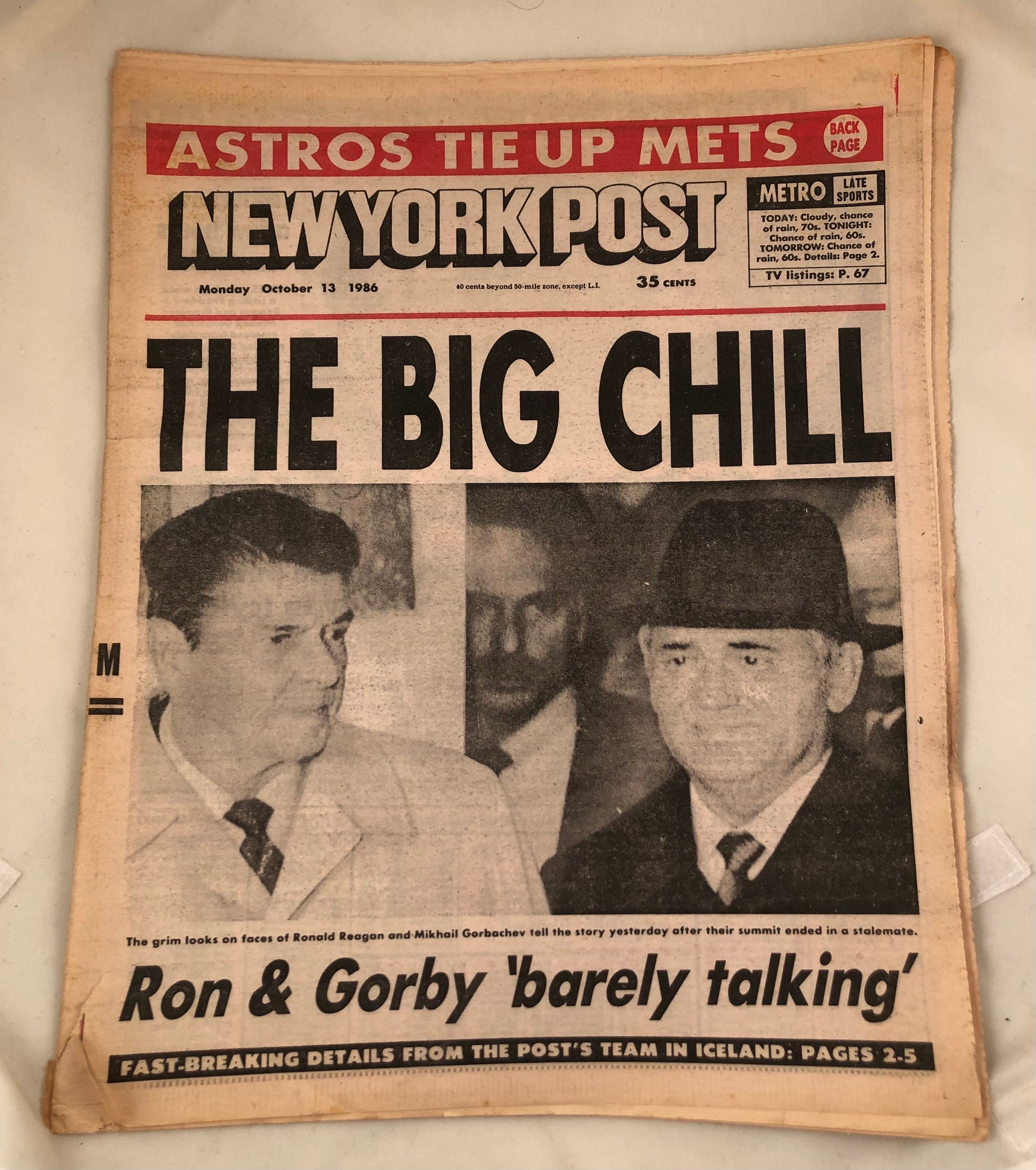 October 13 1986 New York Post Newspaper the Big Chill Headline Ronald ...