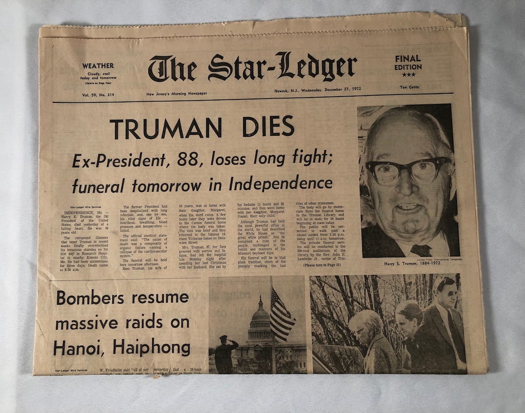 December 27 1972 the Star Ledger Newspaper Harry Truman Dies Headlines ...