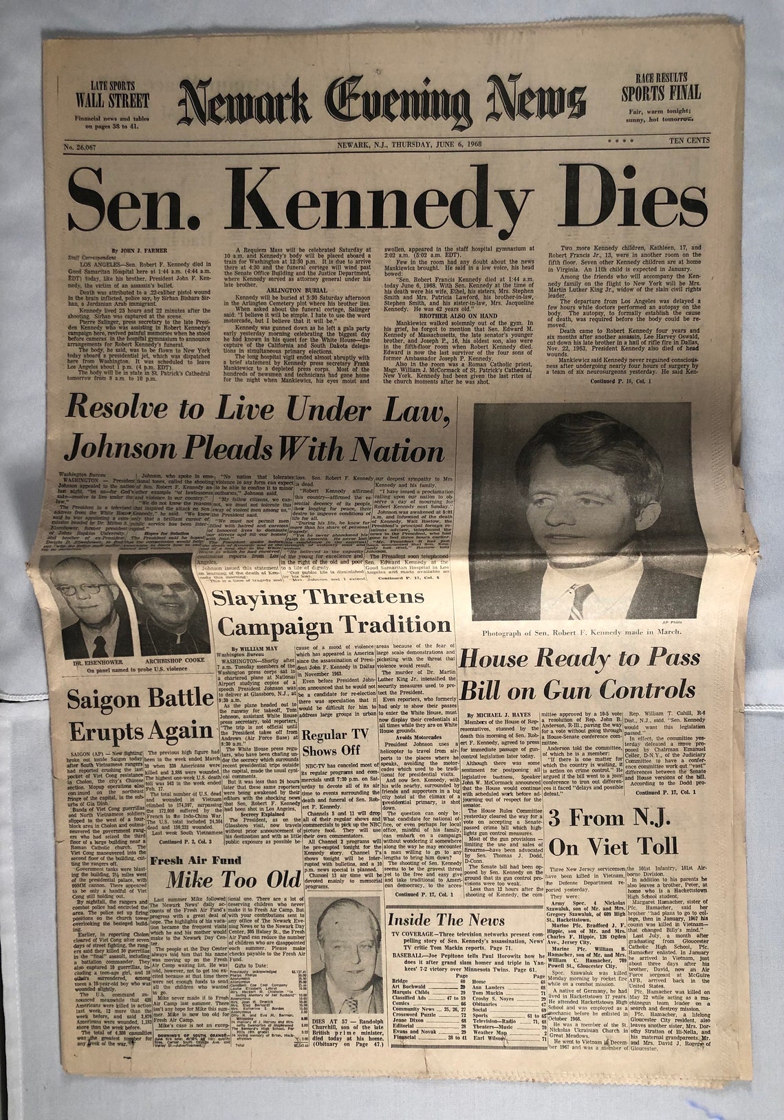 June 6 1968 Newark Evening News Newspaper Robert Kennedy Dies Headlines ...