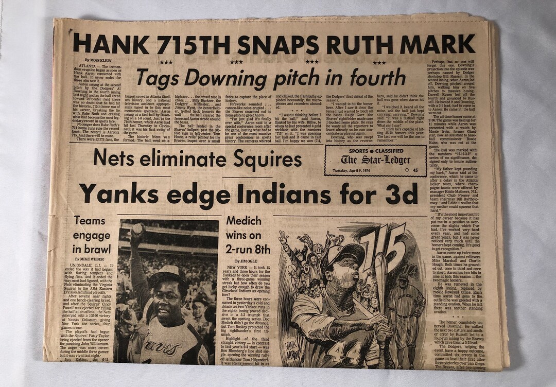April 9 1974 the Star Ledger Newspaper Hank Aaron Hits 715 Headlines ...