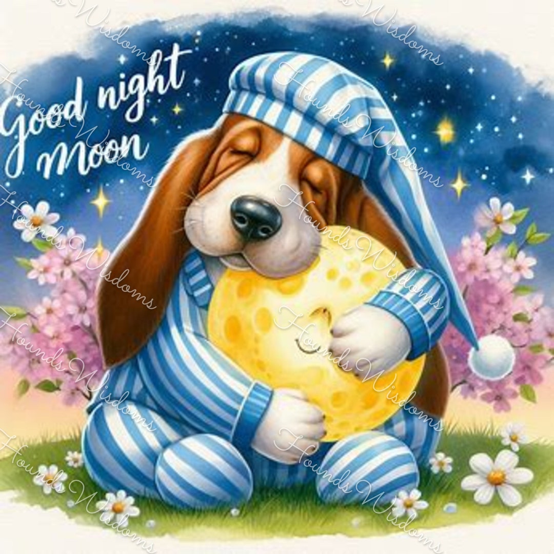 Basset Hound Good Night Moon Cartoon Print: Puppy Dog Art (digital ...