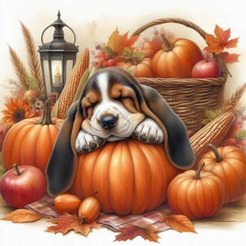 Basset Hound Thanksgiving Clipart, Puppy on Pumpkin (digital Download ...