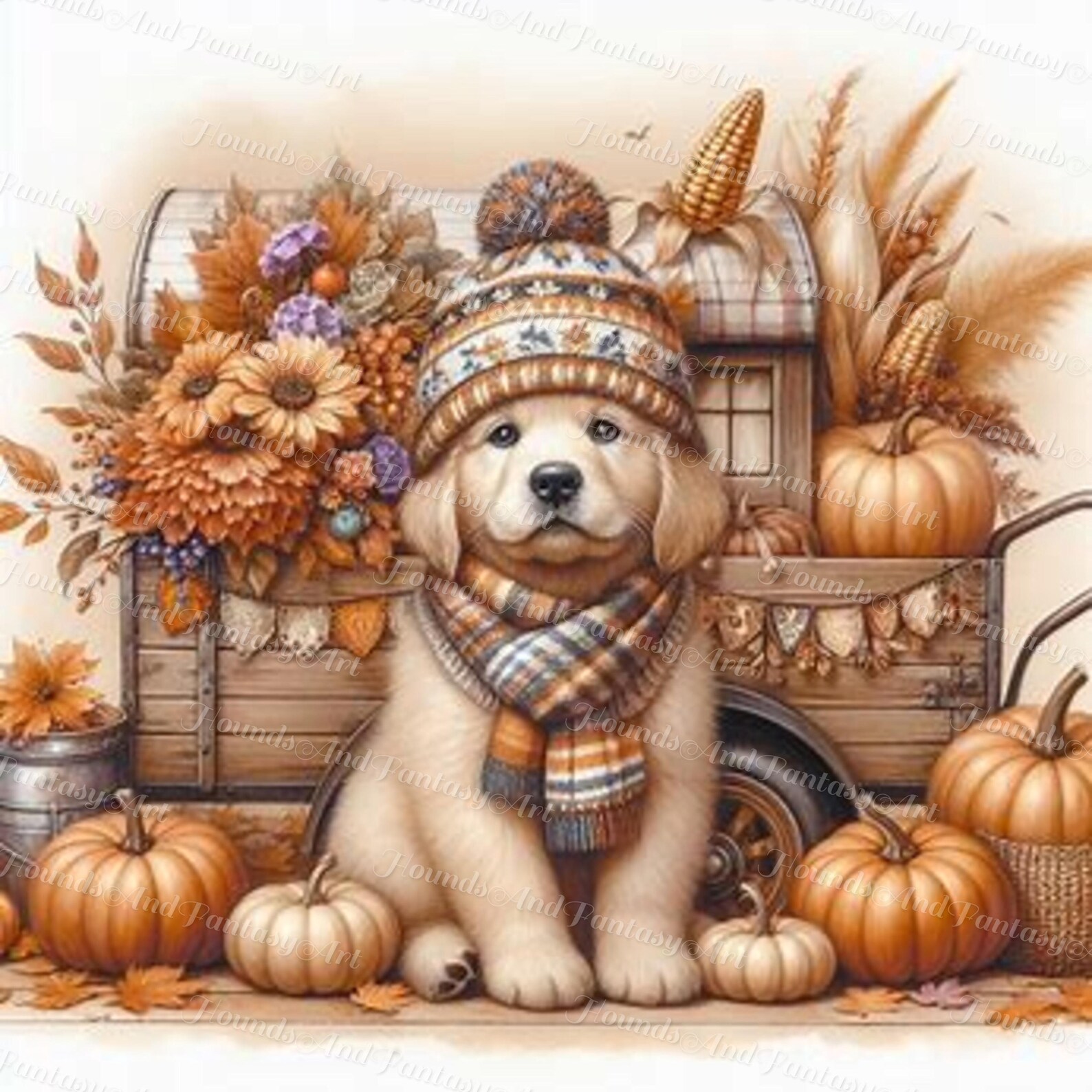 Thanksgiving Golden Retriever Puppy in Vintage Trailer (JPG Digital ...
