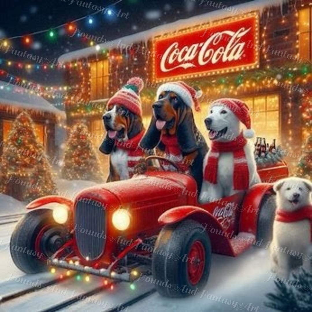 Christmas Hound Dog Clipart JPG Vintage Santa Claus Hound Dog Coca Cola ...