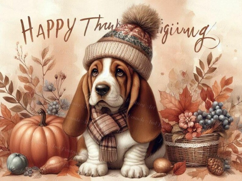 Basset Hound Thanksgiving Printable Greeting Cards Clipart Dog Puppy ...