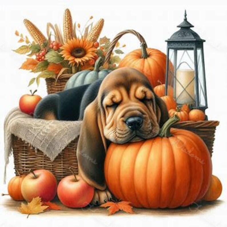 Bloodhound Puppy, Autumn Pumpkin, Halloween Printable (digital Clipart ...