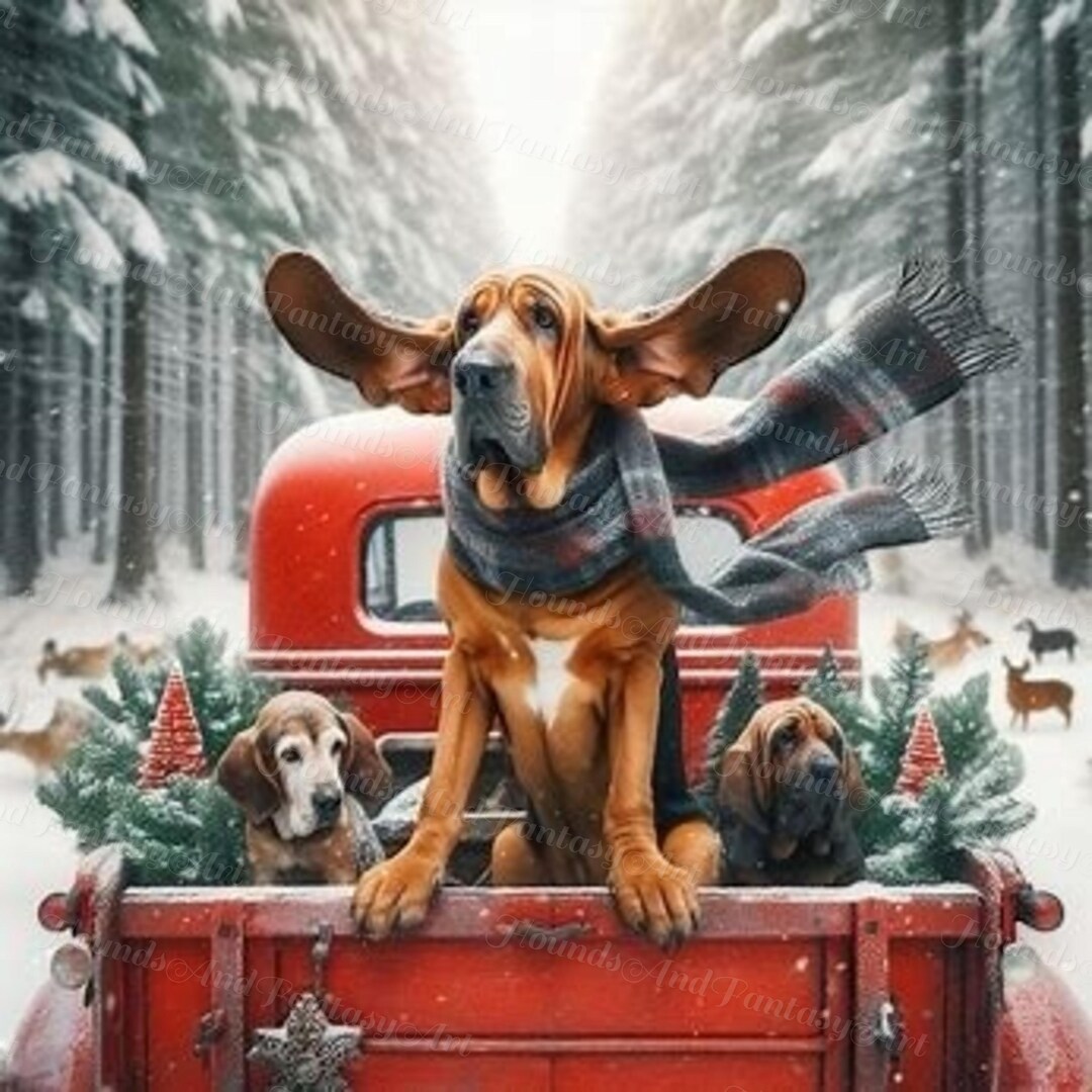 Christmas Bloodhound Dog Painting 8 JPG Snow Vintage Red Truck Winter ...