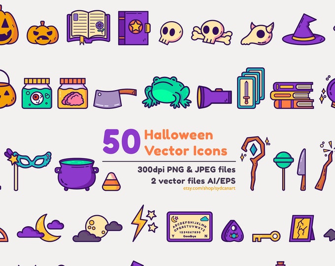 Cute Halloween Vector Clip Art Icons Set PNG, JPEG, AI - Etsy