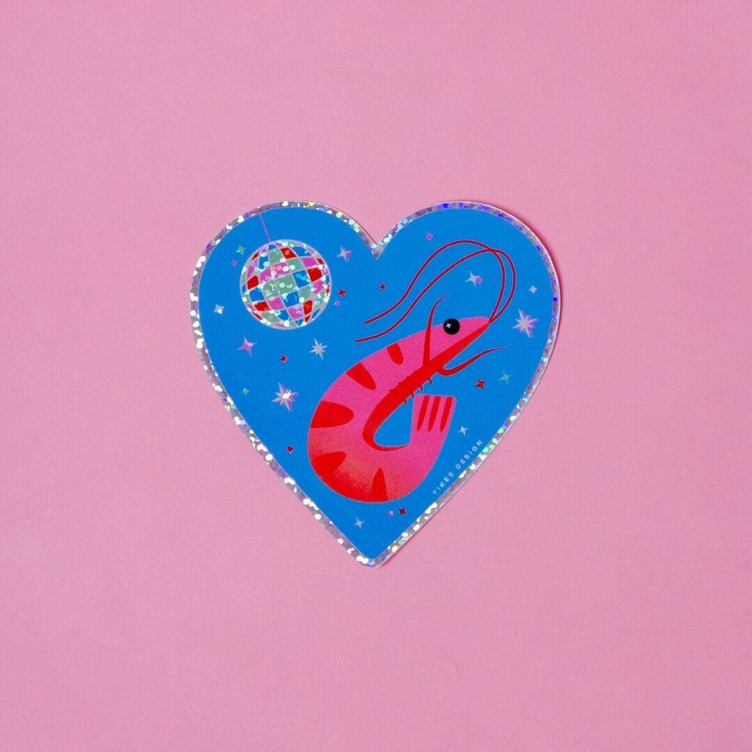 Shrimp Disco Heart-shaped Glitter Vinyl Sticker - Etsy