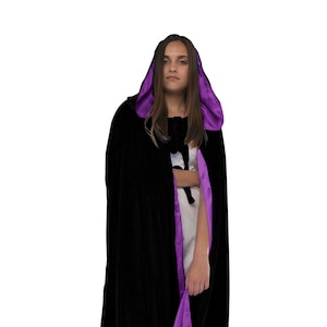 BLACK Cloak Lined With PURPLE Satin, Hooded Cape, Velvet Medieval ...