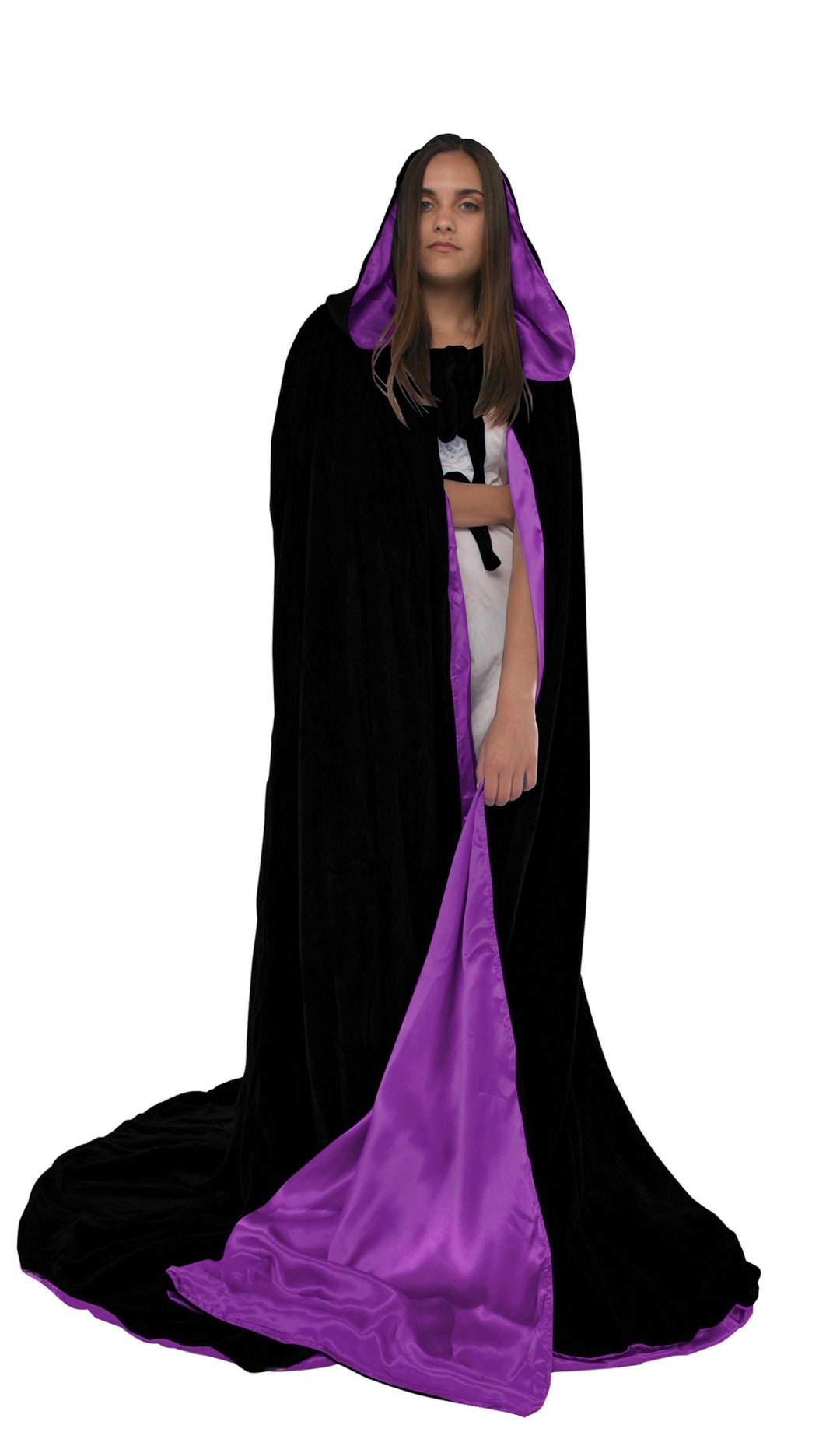 BLACK Cloak Lined With PURPLE Satin, Hooded Cape, Velvet Medieval ...